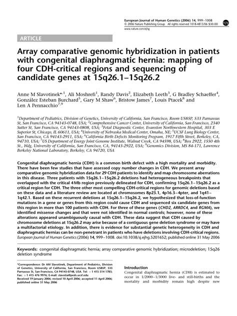 Pdf Array Comparative Genomic Hybridization In Patients With Congenital Diaphragmatic Hernia