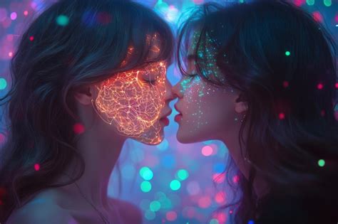 Focus Innovation And Synchronization Two People Kissing With Glowing Neural Overlays Symbolizing