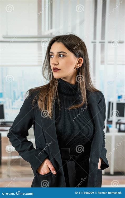 Portrait Of Alone Caucasian Business Woman Manager In Office Hall Stock