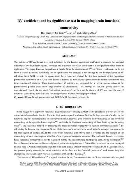 PDF RV Coefficient And Its Significance Test In Mapping Brain Functional Connectivity