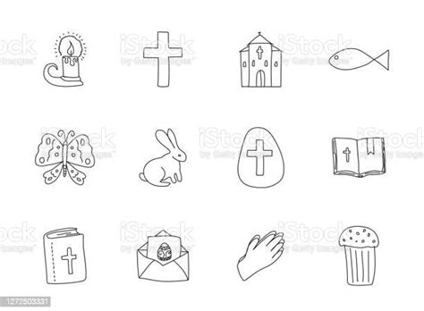 부활절 손으로 그린 선형 벡터 아이콘은 흰색 배경에 격리 웹 및 Ui 디자인 모바일 앱 및 인쇄 제품을 위한 부활절 낙서 아이콘 세트 개체 그룹에 대한 스톡 벡터 아트 및