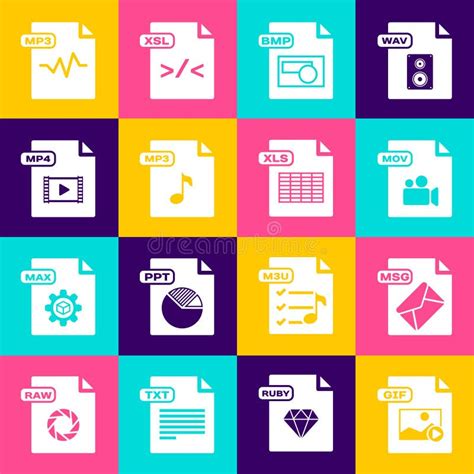 Set GIF File Document MSG MOV BMP MP MP And XLS Icon Vector Stock Vector Illustration