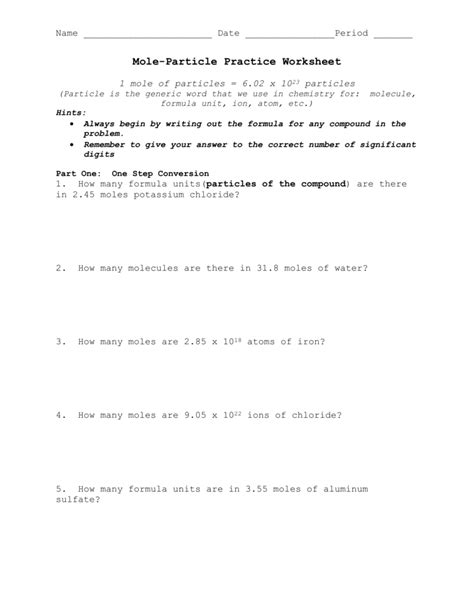 Mole Problems Worksheet Answers