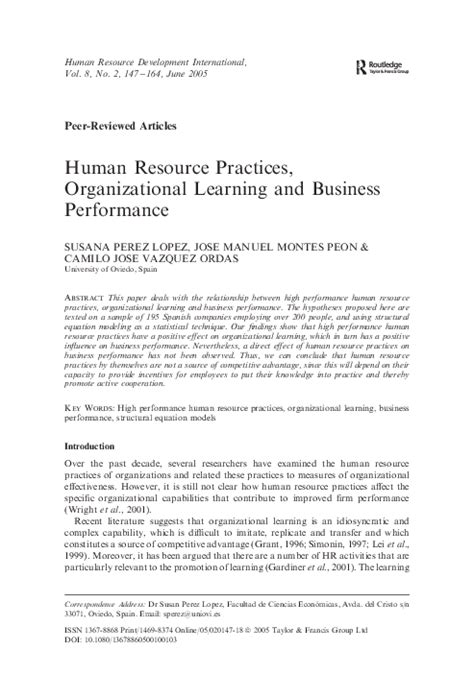 Pdf Human Resource Practices Organizational Learning And Business Performance