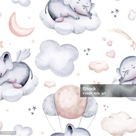 잠자는 코끼리가있는 어린이를위한 수채화 패턴 아기 직물 베이지 색과 푸른 구름 달 태양이있는 포스터 핑크 인쇄 보육원 인쇄 일러스트 섬유 귀여운에 대한 스톡 벡터 아트 및