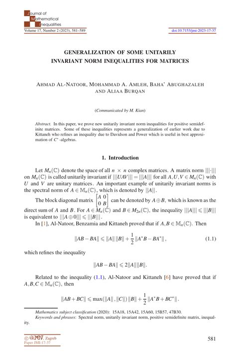 Pdf Generalization Of Some Unitarily Invariant Norm Inequalities For
