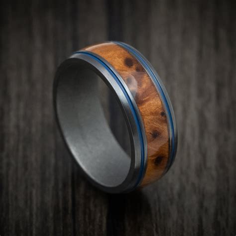 Black Titanium And Hardwood Mens Ring With Cerakote Inlays And Sleeve