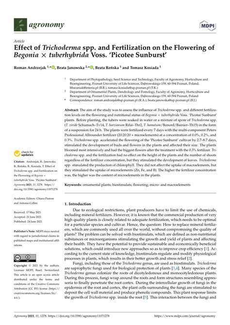 Pdf Effect Of Trichoderma Spp And Fertilization On The Flowering Of Begonia × Tuberhybrida