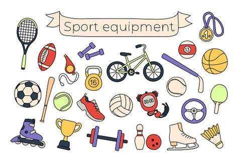 스포츠 장비 스케치 세트 색상 아이콘입니다 벡터 피트니스 프리핸드 일러스트레이션 축구 농구 배구 야구 럭비 당구 공과 자전거 스포츠에 대한 스톡 벡터 아트 및 기타 이미지