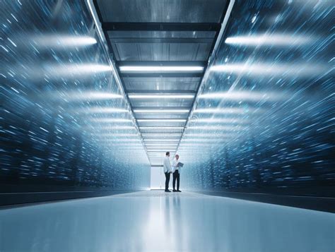 Two Scientists In A Modern Server Room The Blue Streaks On The Walls Suggest Speed And Data