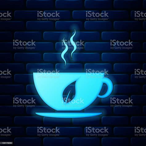 벽돌 벽 배경에 고립 된 차와 잎 아이콘의 빛나는 네온 컵 벡터 일러스트레이션 0명에 대한 스톡 벡터 아트 및 기타 이미지 0명 가득 찬 개념 Istock