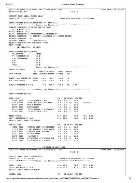 Unofficial Student Transcript 2016 Science Academia