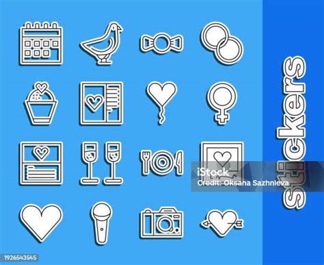 하트와 화살표 사진 프레임 하트 여성 성 기호 나비 넥타이 엽서 웨딩 케이크 달력 및 아이콘의 풍선 형태와 라인 Amour를 설정합니다 벡터 3월에 대한 스톡 벡터 아트 및