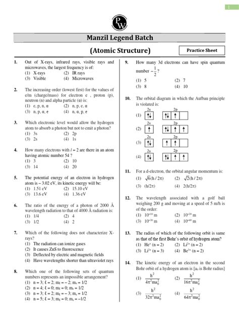 Atomic Structure Practice Sheet Notes Manzil Legends Jee Pdf Electron Atoms