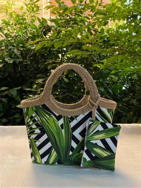 Leaf Print Linen Beach Bag Jute Handles Summer Tote Etsy