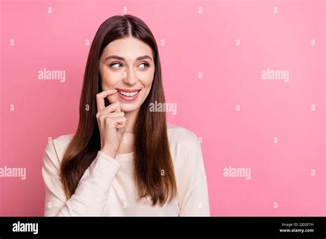 Portrait Of Attractive Cheery Minded Girl Creating Solution Copy Space Isolated Over Pink Pastel