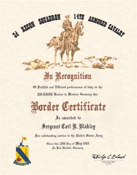 14th Armored Cavalry Borderl Certificate