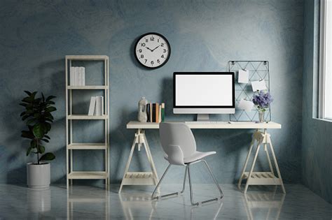 현대 Pc 컴퓨터 빈 화면 모형은 현대 최소 홈 오피스의 테이블 위에 있습니다 3d 렌더링 일러스트레이션 0명에 대한 스톡 사진