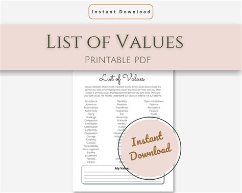 List Of Values Printable PDF Core Values Journal Printable Etsy