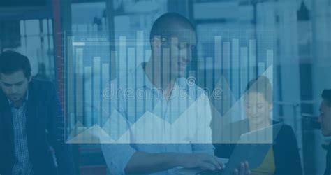animation of graphs loading bar over caucasian man standing and using