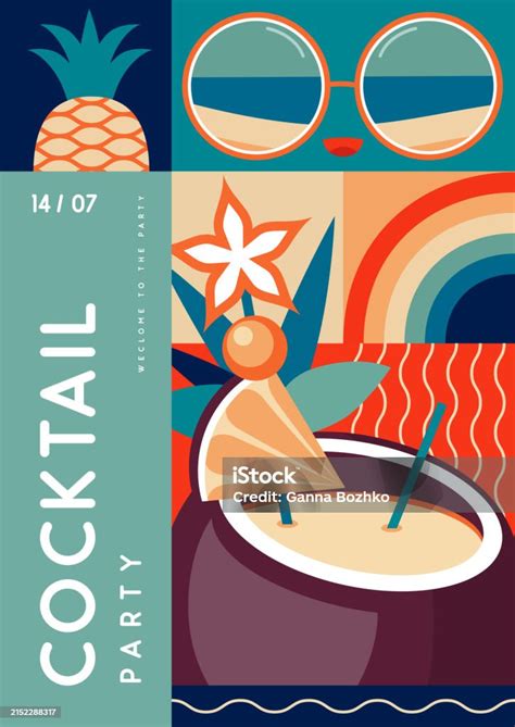 복고풍 평면 여름 디스코 파티 포스터 와 여름 속성 와 피나 콜라다 칵테일 열대 과일 및 선글라스 벡터 일러스트 레이 션 개념에