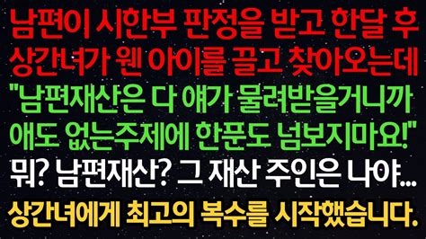 실화사연 남편이 시한부판정을 받고 상간녀가 애를 끌고 찾아오는데 남편재산은 다 얘가 물려받을거니까 애없는 주제에 넘보지마요 남편재산 재산주인은 나야최고의 복수를
