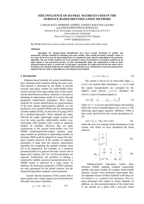 Pdf Size Influence Of Hankel Matrices Used In The Subspace Based