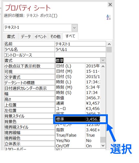Access フォームの中のテキストボックスに数式を埋め込む、テキストボックスの中の数字を3桁区切りの整数にする はじめろぐ