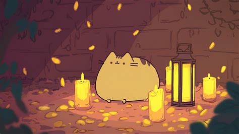 Halloween Pusheen Cozy Candlelight Glow Desktop Wallpaper