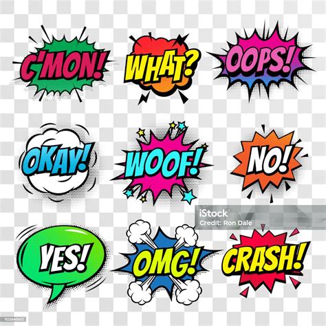 만화 텍스트 음성 거품 절연된 템플릿 집합 벡터 팝 아트 사운드 효과 죄송 합니다 어 서 무엇 Whoof 없고 또는 사고 세상에 그리고 네 구름 흰색 바탕에 컬러 문구가