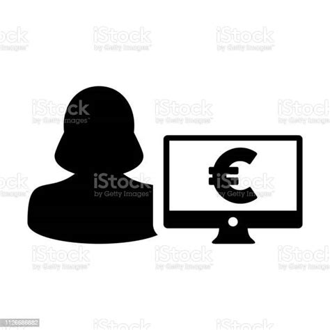 컴퓨터 모니터와 유로 통화 돈 기호 평면 색 문양 그림 그림에서 금융 비즈니스에 대 한 은행 아이콘 벡터 여성 사용자 사람 프로필 아바타 검은색에 대한 스톡 벡터 아트 및