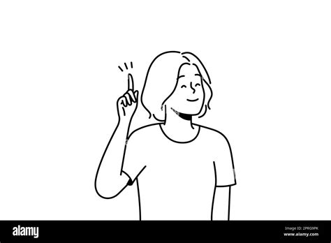 smiling woman hold finger up generate creative idea or though happy