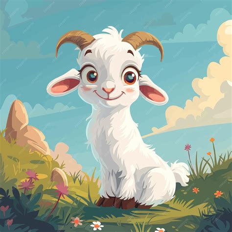 A Cute Goat Cartoon Character Sitting In A Valley Surrounded By