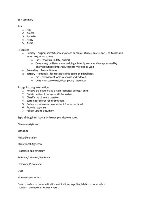 EBP Finals Notes EBP Summary As Ask Access Appraise Apply Audit Resources O