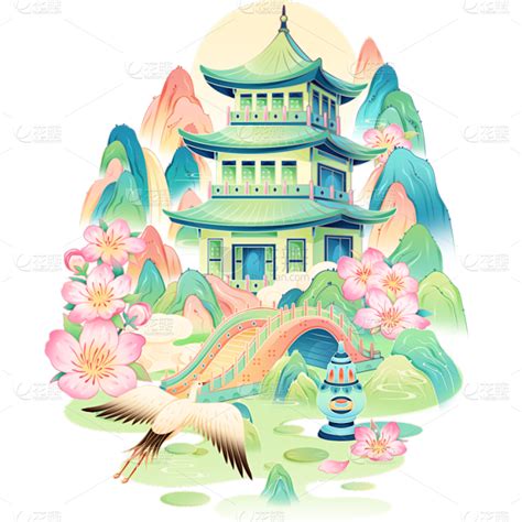 春天春季春日幻彩国潮风中式建筑山水场景组合元素素材