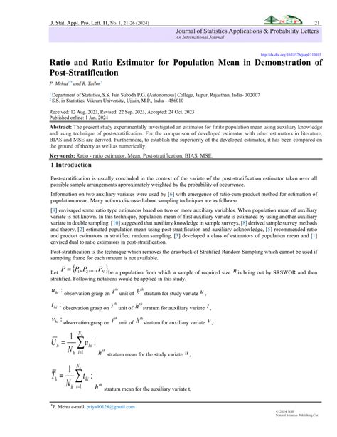 Pdf Ratio And Ratio Estimator For Population Mean In Demonstration Of Post Stratification