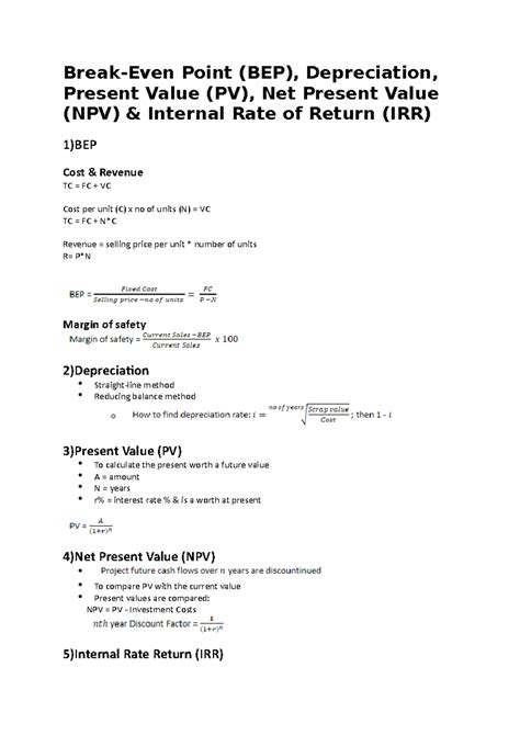 Break Even Point Bep Depreciation Pv Npv And Irr Break Even