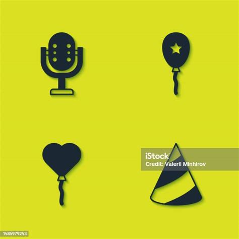 마이크 파티 모자 풍선을 하트 형태와 리본 아이콘으로 설정합니다 벡터 검은색에 대한 스톡 벡터 아트 및 기타 이미지 검은색