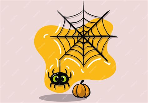 손으로 그린 귀여운 검은 거미와 거미줄 프리미엄 벡터