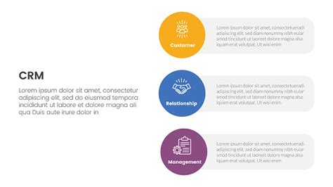 Crm 고객 관계 관리 인포그래픽 슬라이드 프레젠테이션을 위한 스택 레이아웃에 수직 원 모양이 있는 3포인트 스테이지 템플릿