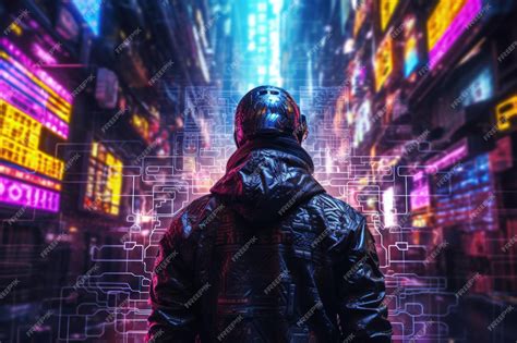 Premium Ai Image Cyberpunk Hacker In A Neondrenched Alley Generative Ai
