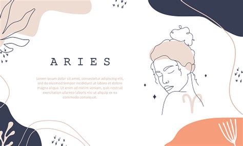 양자리 조디악 기호 한 줄 그리기 추상적 인 여성 얼굴을 가진 점성술 아이콘 수수께끼와 난해한 윤곽선 배경 점성술 수평 배너 미니멀리스트 스타일의 선형 벡터 일러스트 레이
