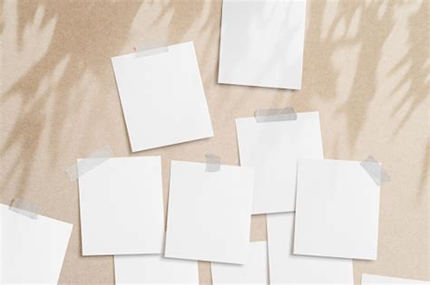 그래픽 디자이너 프리젠 테이션 포트폴리오 등을위한 템플릿으로 밝은 커피 색상 배경에 접착 테이프로 붙어 빈 사진 카드 찢어진 종이 사각형 프레임 무드 보드 템플릿 구성 무드