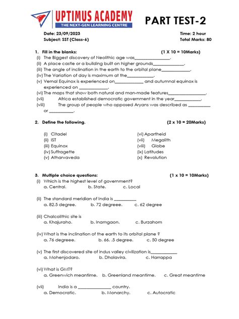 Sst Class 6 Part Test 2 Pdf