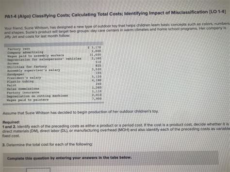 Solved PA Algo Classifying Costs Calculating Total Chegg