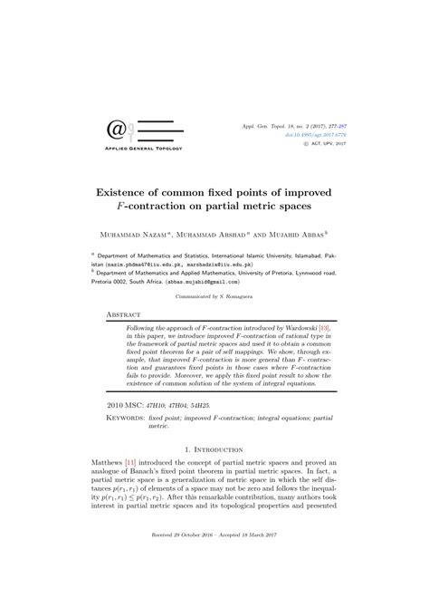 Pdf Existence Of Common Fixed Points Of Improved F Contraction On Partial Metric Spaces