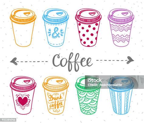 종이 커피 컵 그림을 설정합니다 커피 컵 데 려가 귀여운 그래픽이 커피 개념에 대한 스톡 벡터 아트 및 기타 이미지 개념