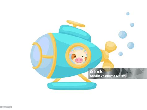 청록색 잠수함에서 귀여운 작은 소 항해 어린이 책 앨범 베이비 샤워 인사말 카드 파티 초대장 집 인테리어를위한 만화 캐릭터 벡터 스톡 일러스트레이션입니다 0명에 대한 스톡