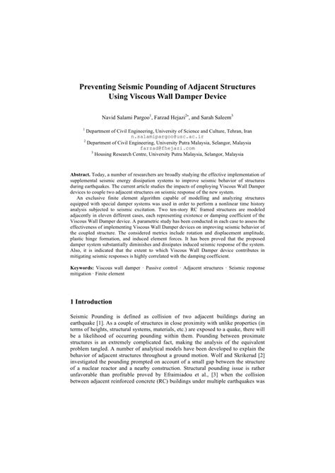 Pdf Preventing Seismic Pounding Of Adjacent Structures Using Viscous