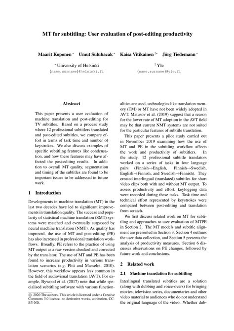 Pdf Mt For Subtitling User Evaluation Of Post Editing Productivity